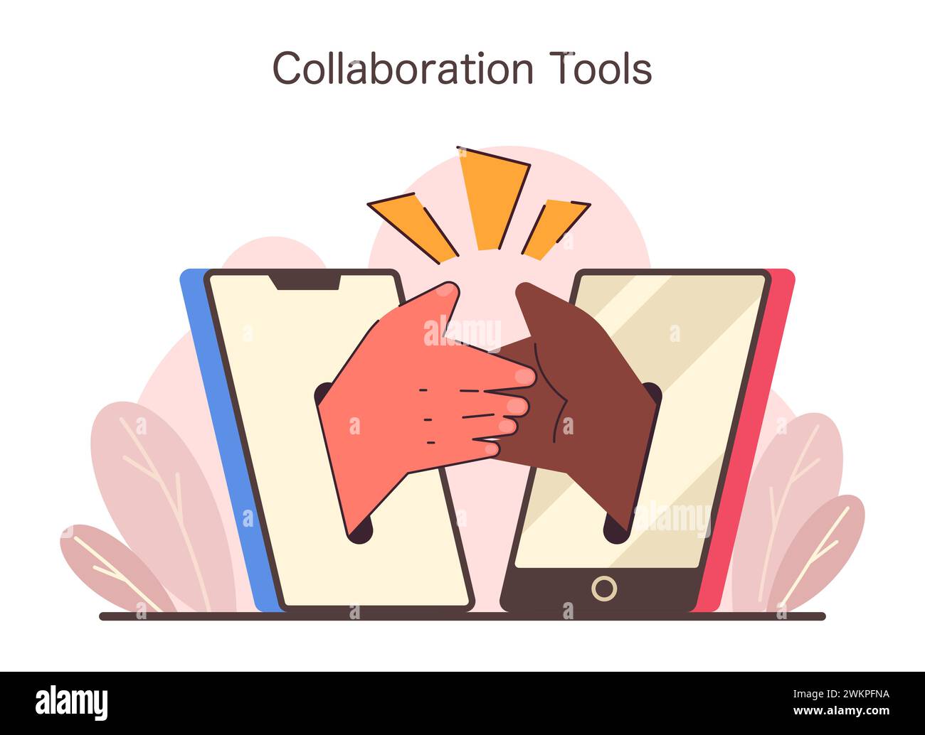 Unified technology concept. Two hands engaging from digital devices symbolize remote ...