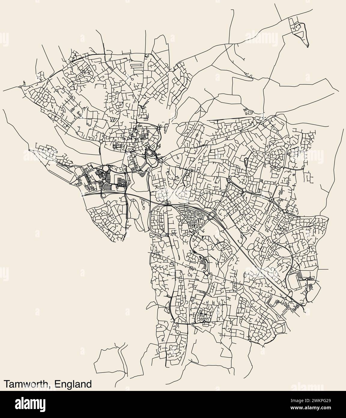 Street roads map of the British city of TAMWORTH, ENGLAND Stock Vector ...
