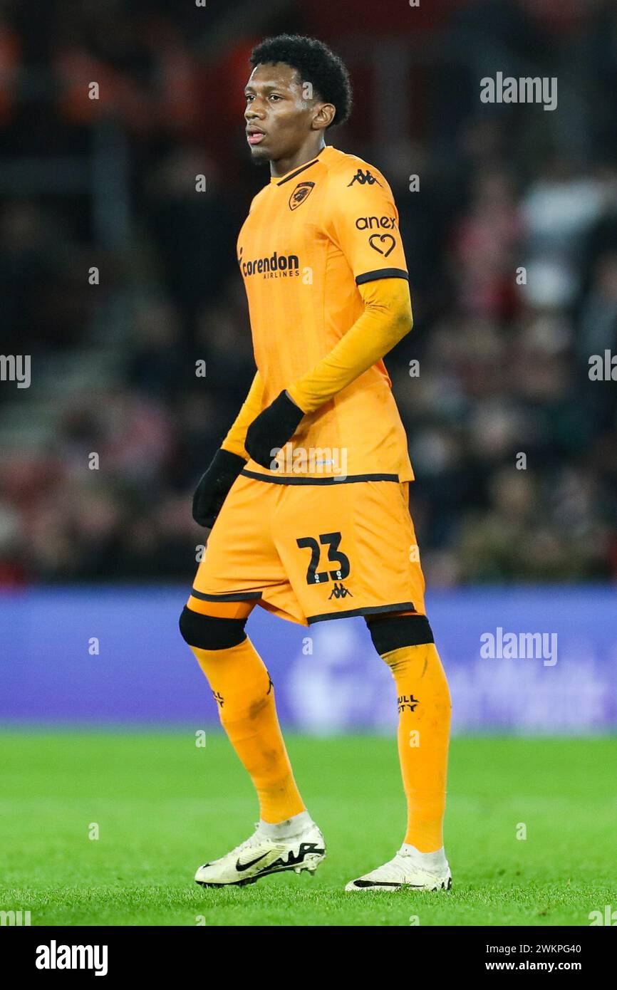 Southampton, UK. 20th Feb, 2024. Hull City midfielder Jaden Philogene ...