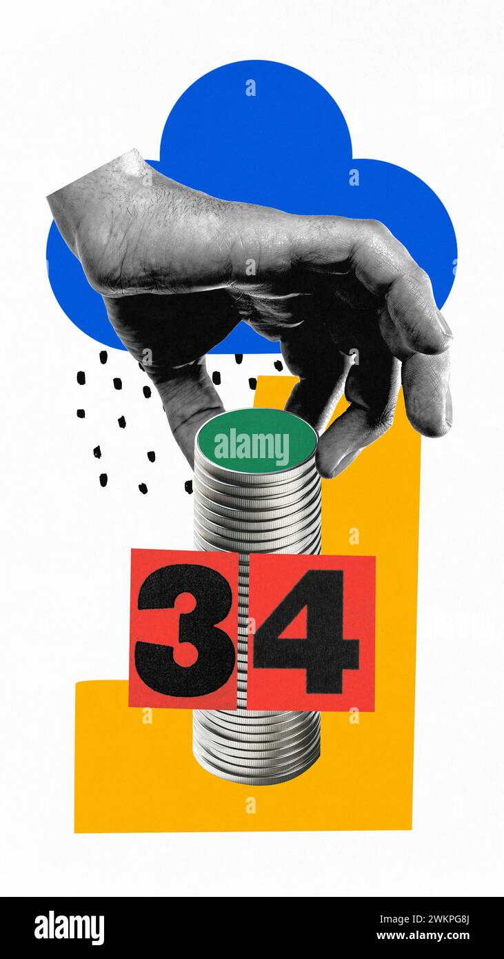 Poster. Modern aesthetic artwork. Giant hand above stack of silver ...