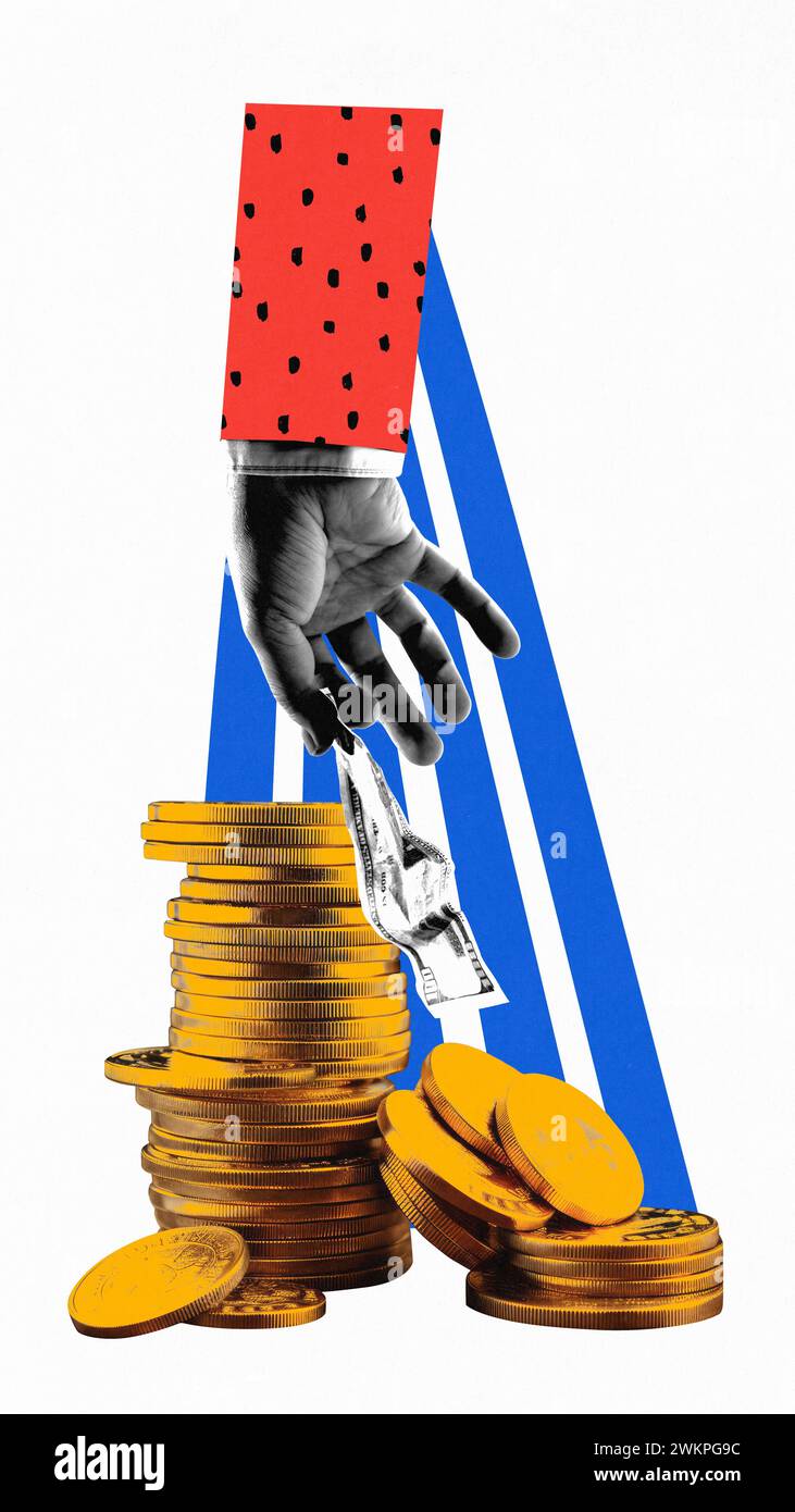 Poster. Modern aesthetic artwork. Hand drops bill into pile of coins ...