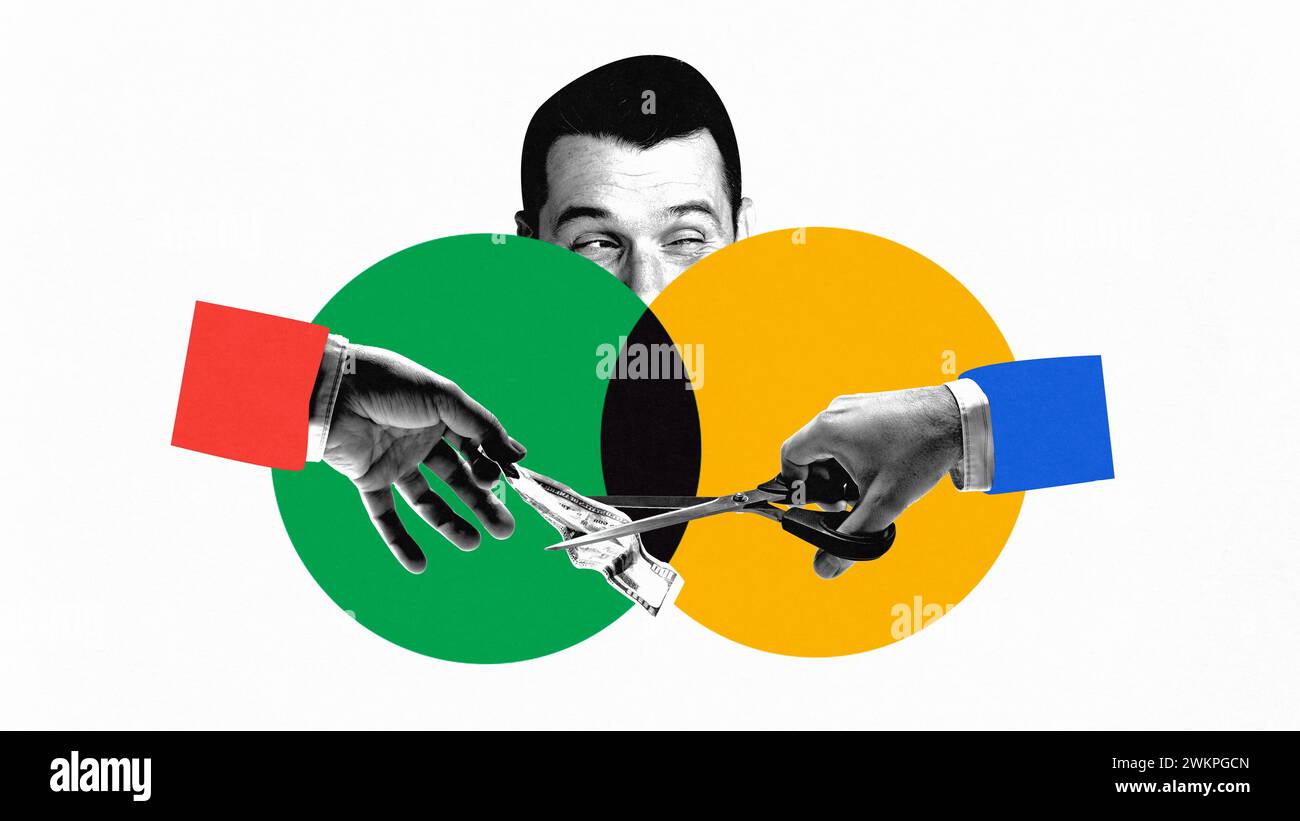 Poster. Modern aesthetic artwork. Hands exchanging cut money, with man ...