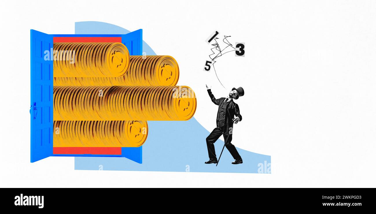 Poster. Modern aesthetic artwork. Man, investor with vault of coins ...