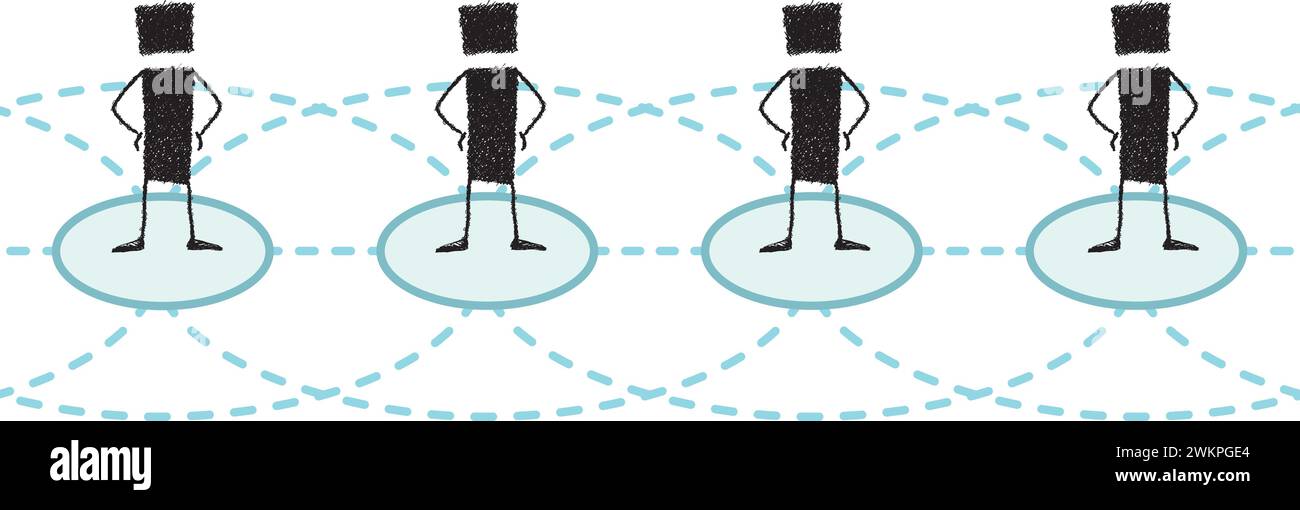 Silhouettes of a group of stick figures connected by lines ...