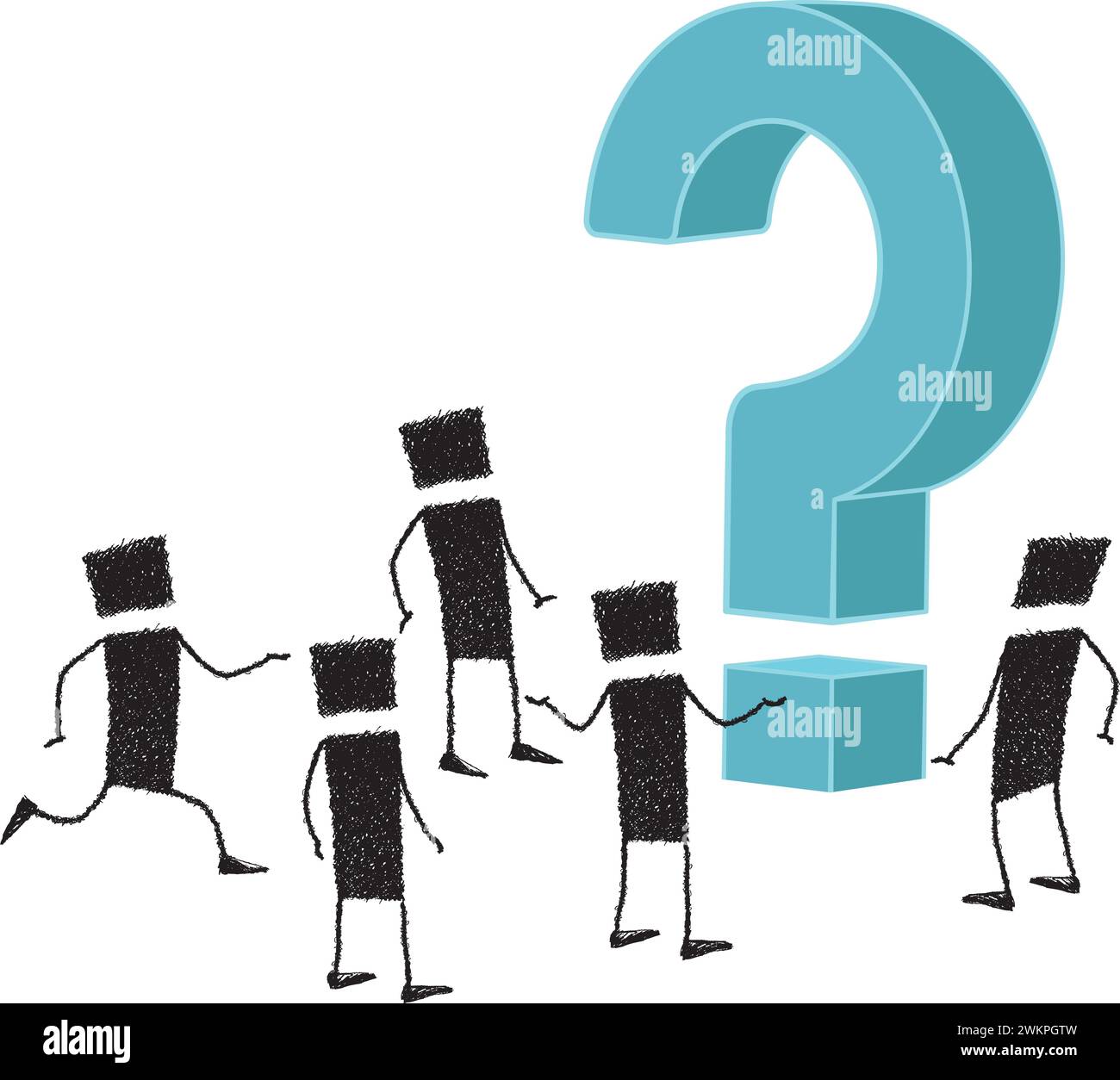 On the floor there is a huge question mark. A group of stick figures ...