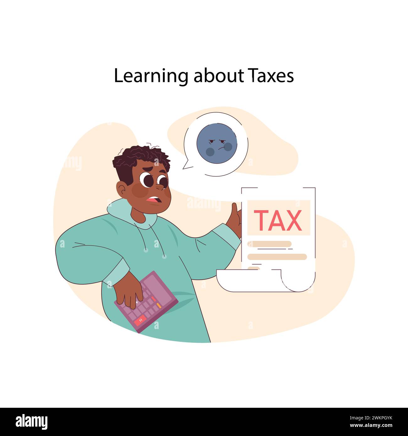 Tax Education concept. A perplexed young boy confronts the complexities of taxes, symbolized by ...