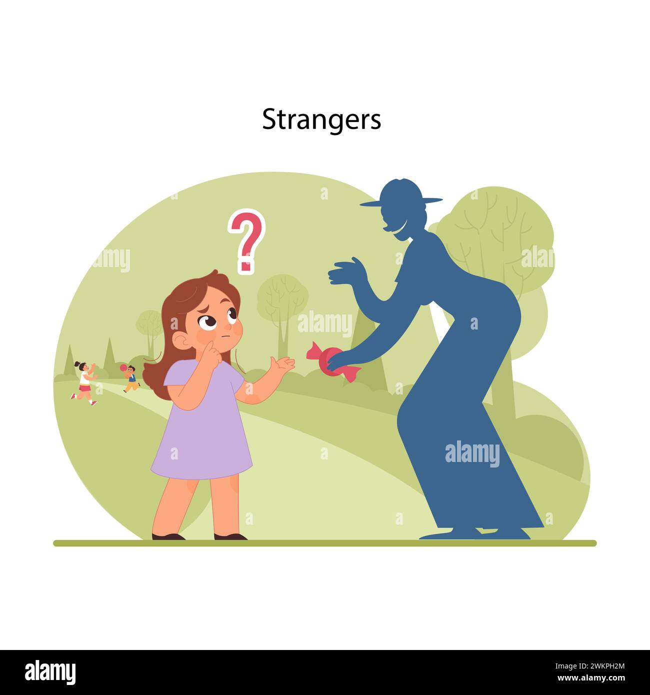 Stranger danger awareness. Little girl confused and hesitating ...