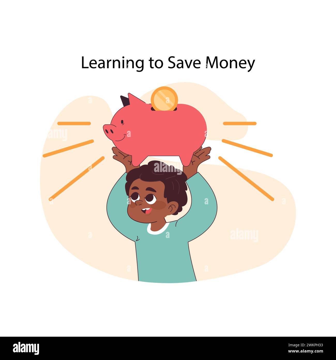 Savings Beginnings concept. A smiling child learns the value of saving ...