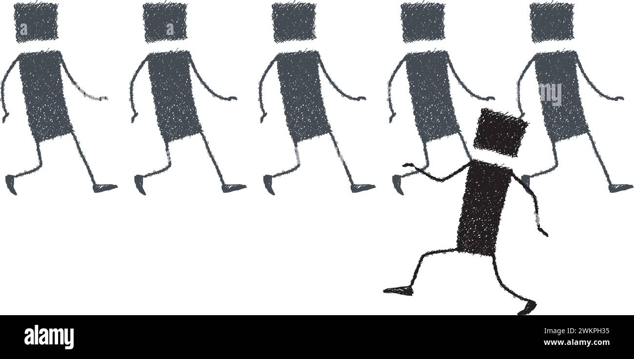 Several people walking in the same direction. Only one person dares to ...