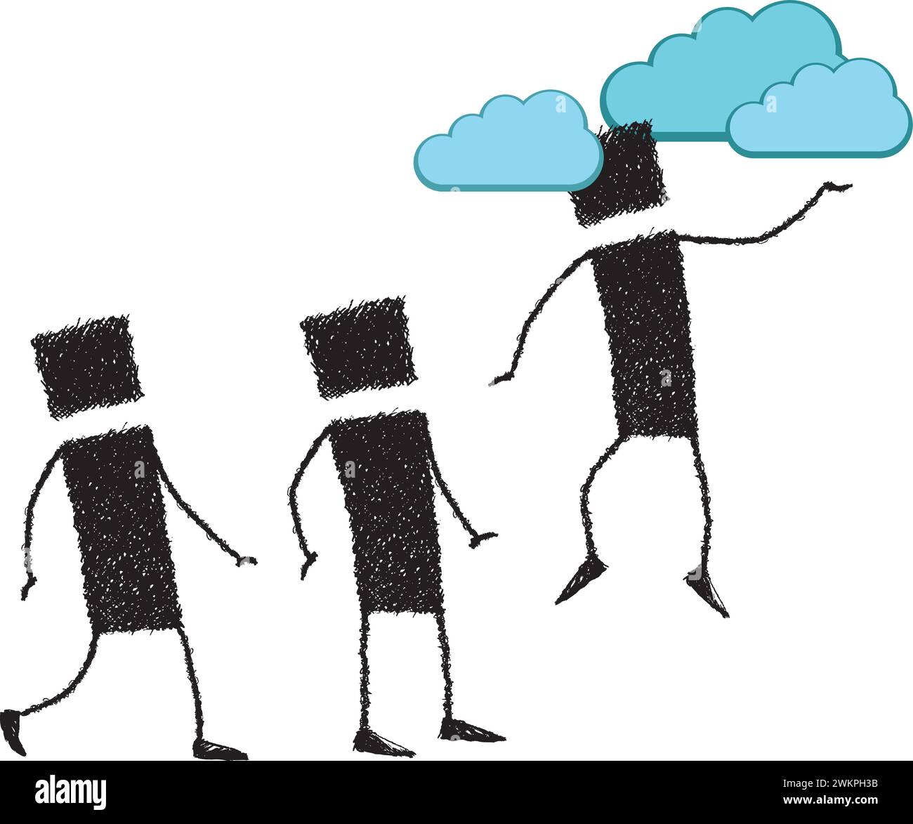 A person is floating in the air, his head in the clouds. Two people are watching from the ground ...