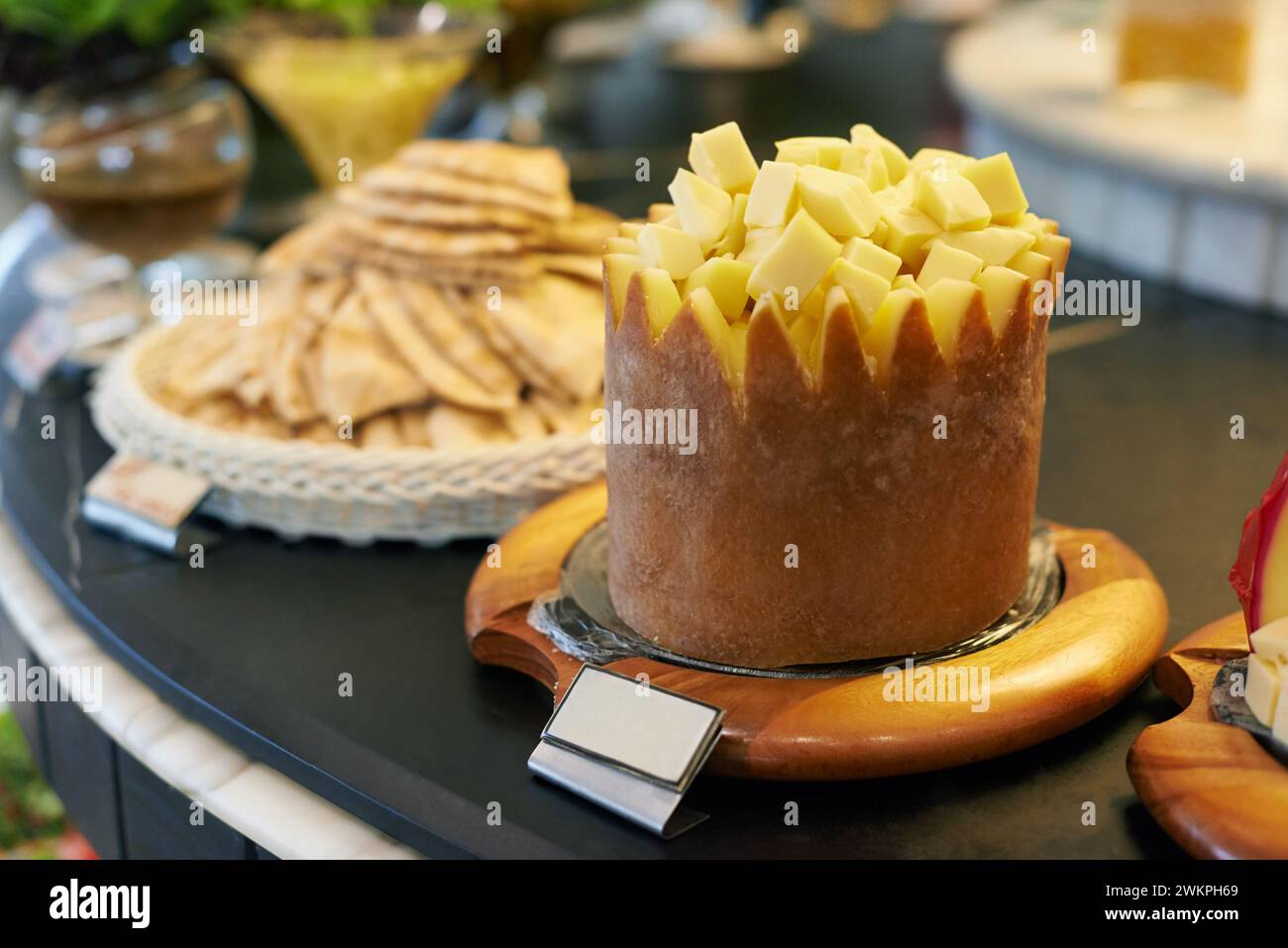 Food, cheese and bread in restaurant display for catering service ...