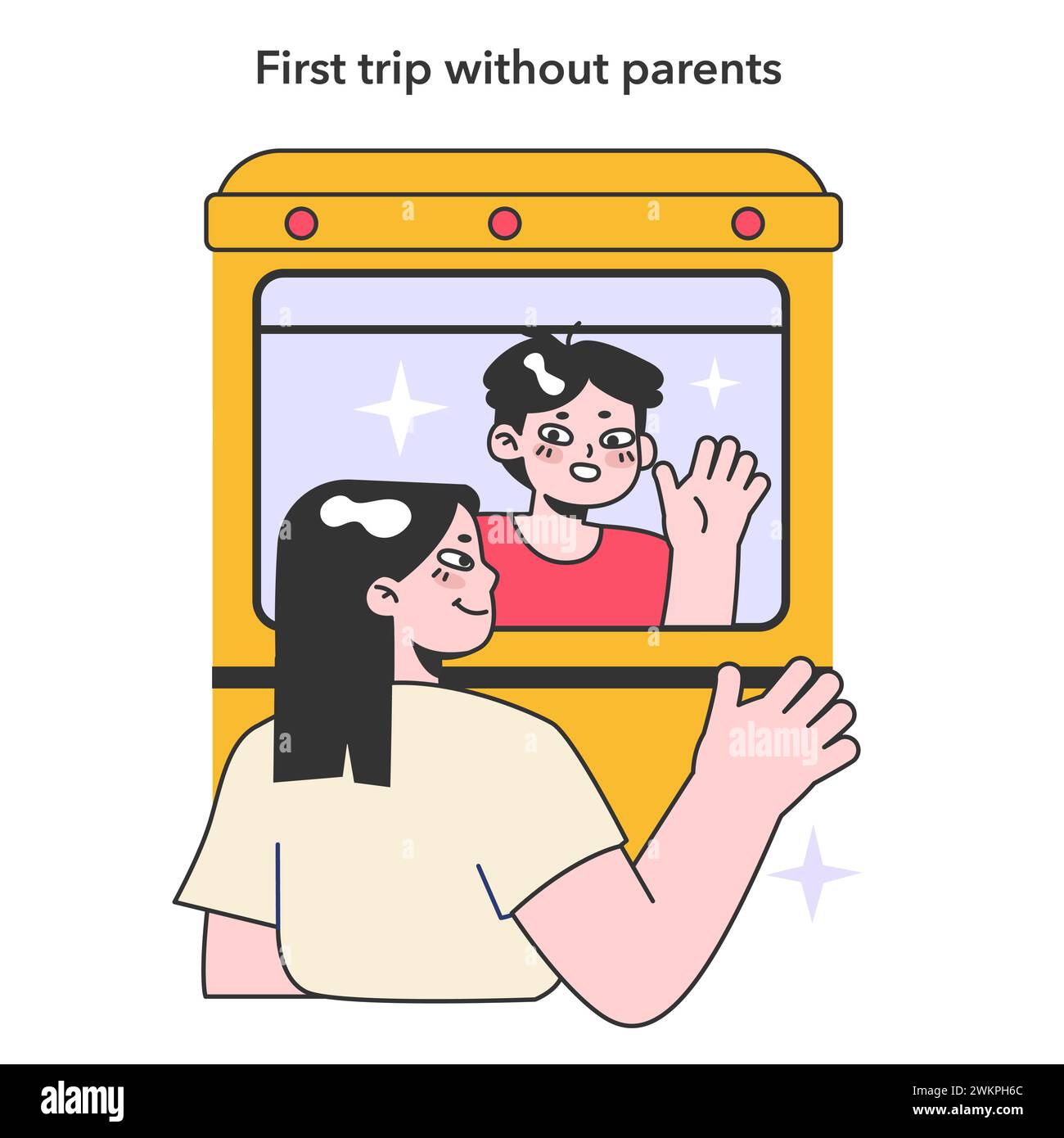 First trip without parents. Boy waving to his mother at the train ...