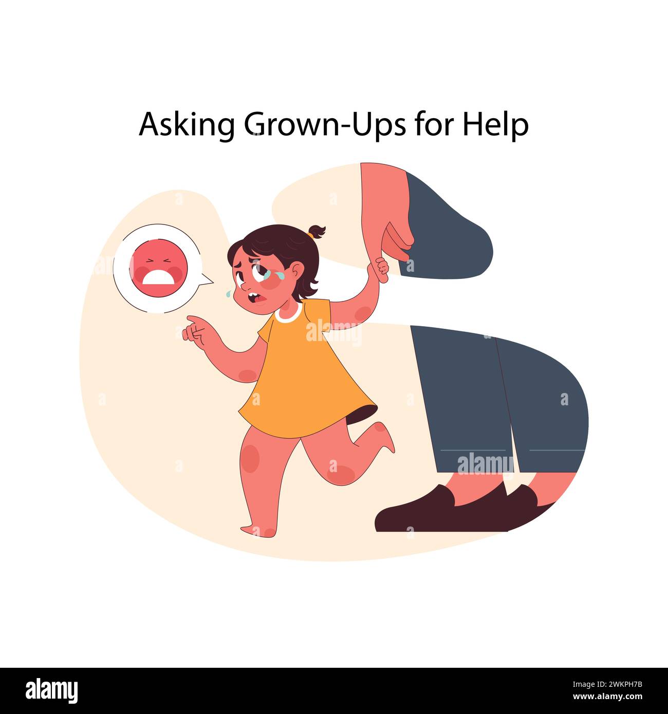 Child seeking assistance concept. A small girl reaches out to an adult ...