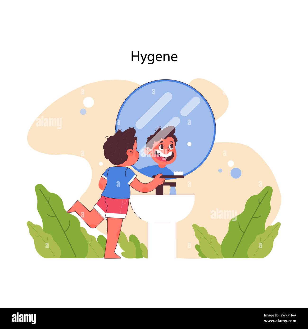 Daily hygiene routine concept. Cheerful young boy brushes teeth, seeing ...
