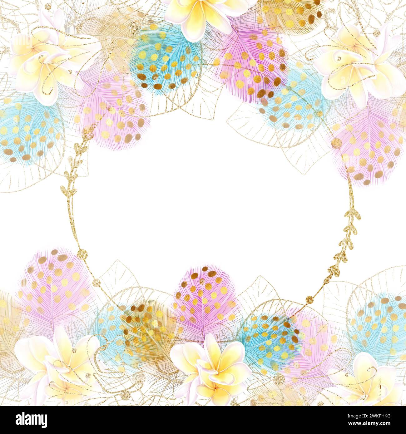 Exotic style round gold frame with white frangipani flowers and ...