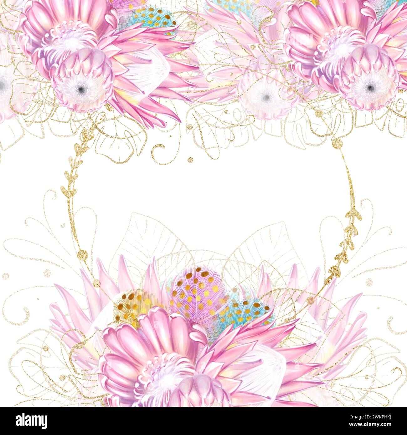 Round tropical frame in golden color with pink protea flowers and ...
