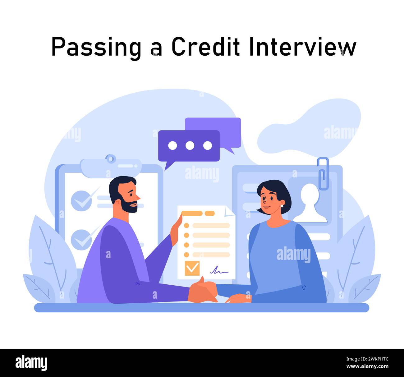 Passing a Credit Interview concept. Man reviews woman's credit profile ...
