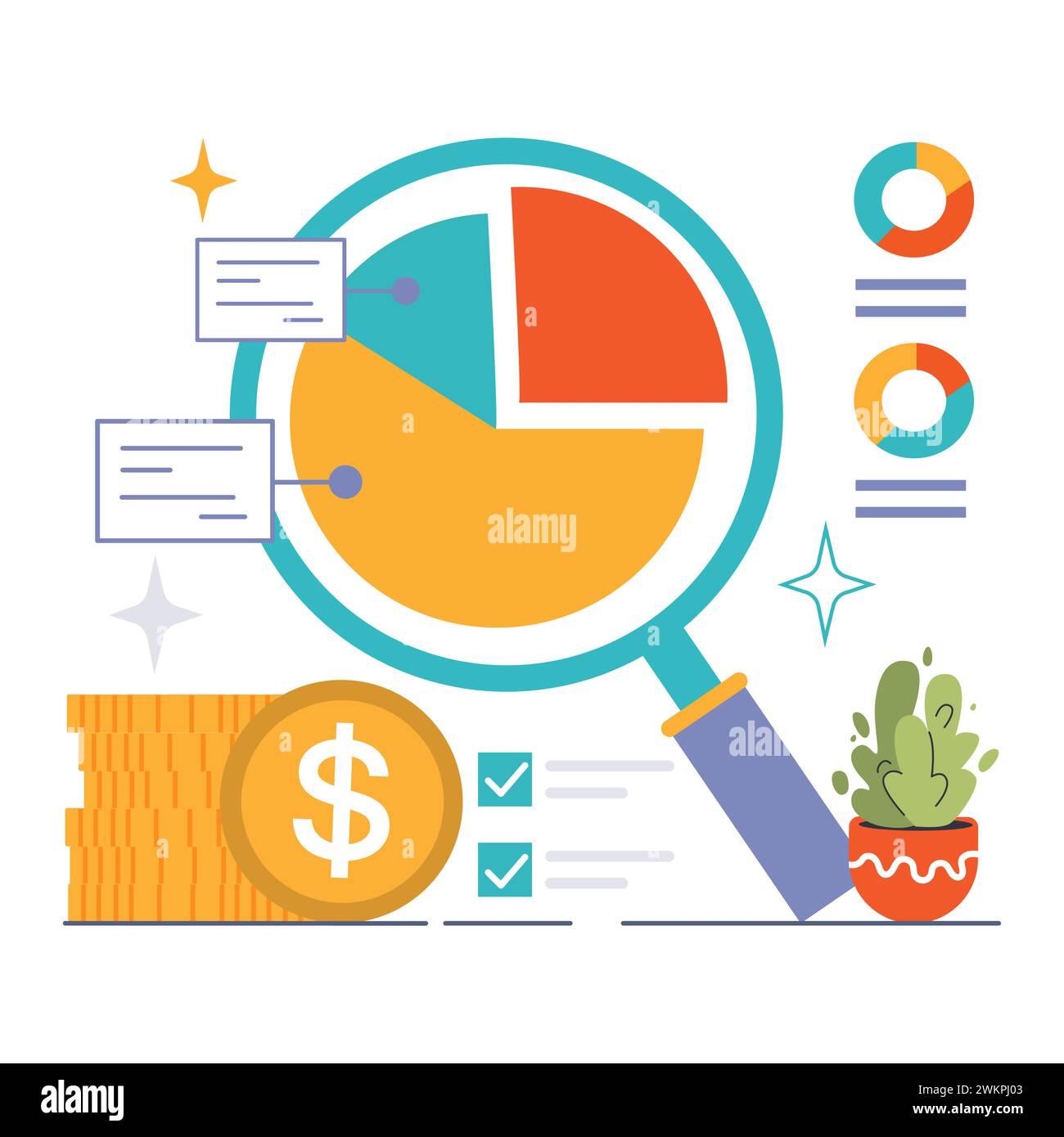 Processes Improvement concept. Magnifying glass over pie chart ...