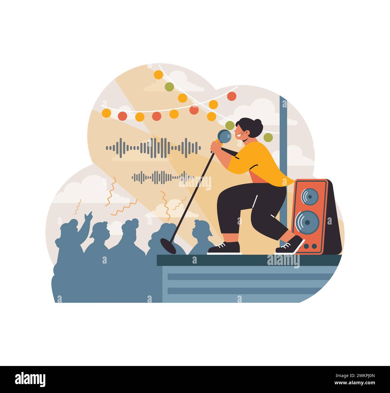 Singer captivating the audience at a music festival, belting out notes ...