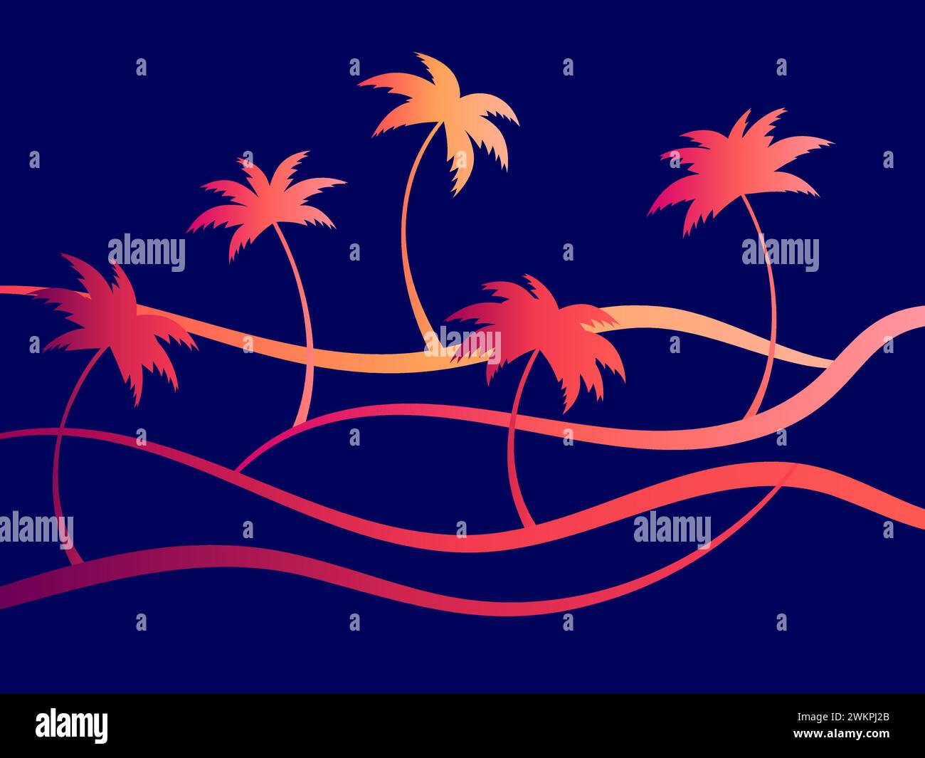 Tropical wave landscape with palm trees at sunset in a minimalist style ...