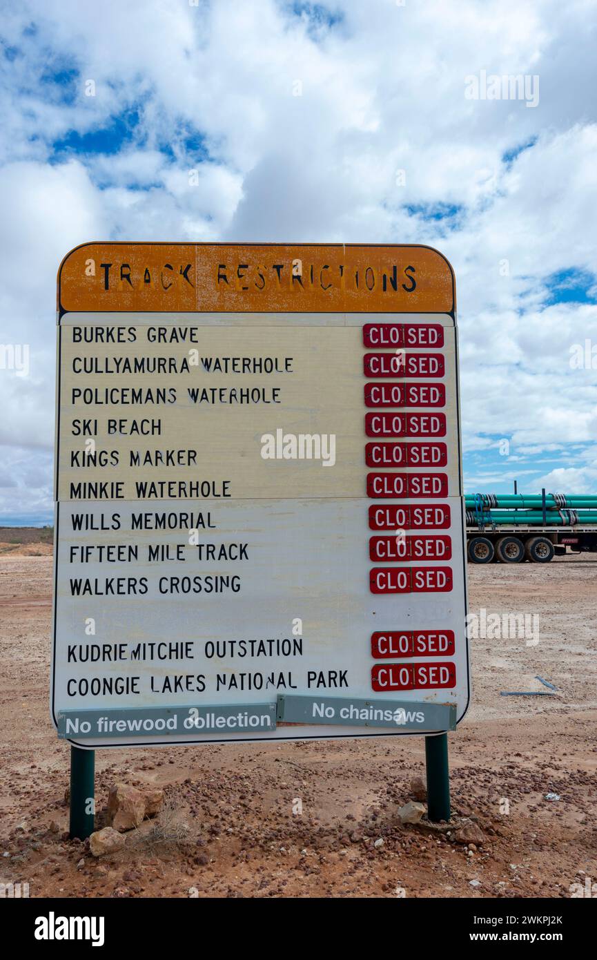Road sign showing road closures in the Australian Outback, Innamincka, Queensland, QLD ...