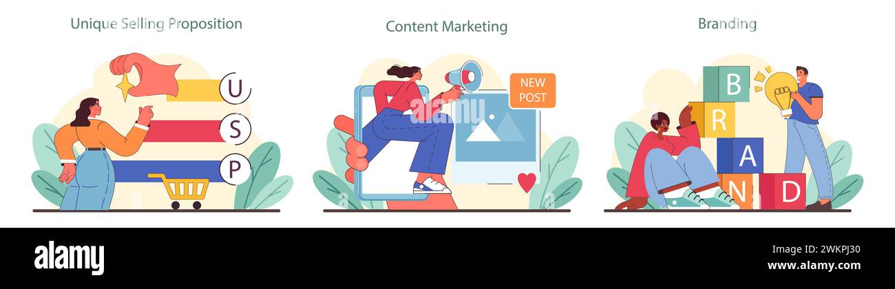 Marketing essentials set. Capturing unique selling propositions ...