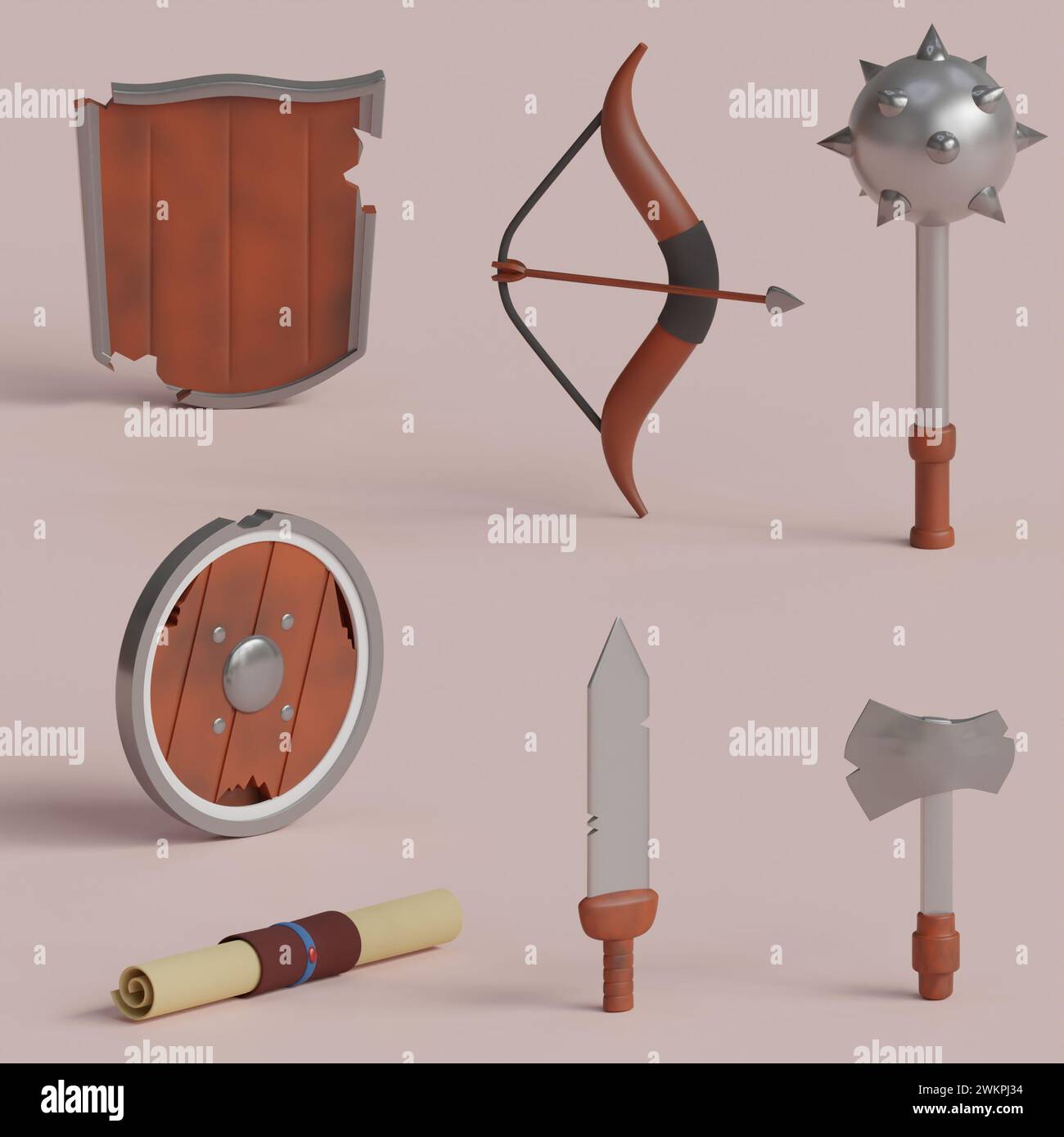 3d rendered medieval game set includes arrow, shield, sword, axe ...
