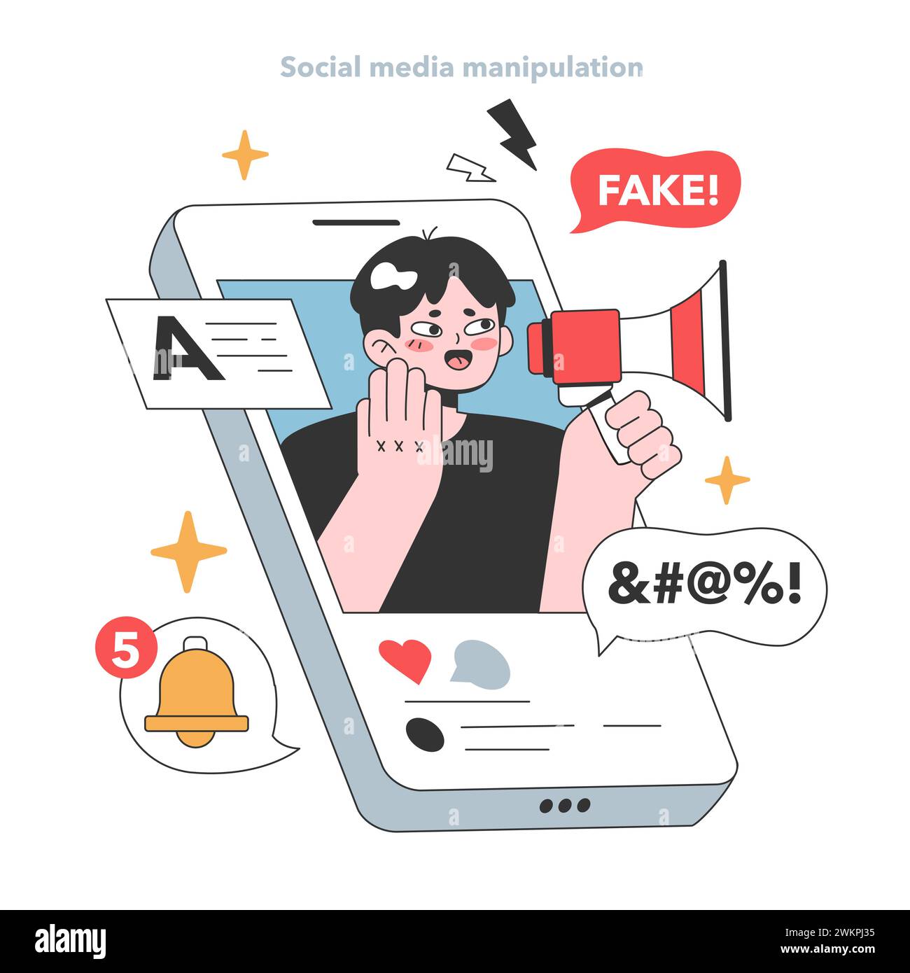 Young man on smartphone screen refutes falsehoods, depicting the ...