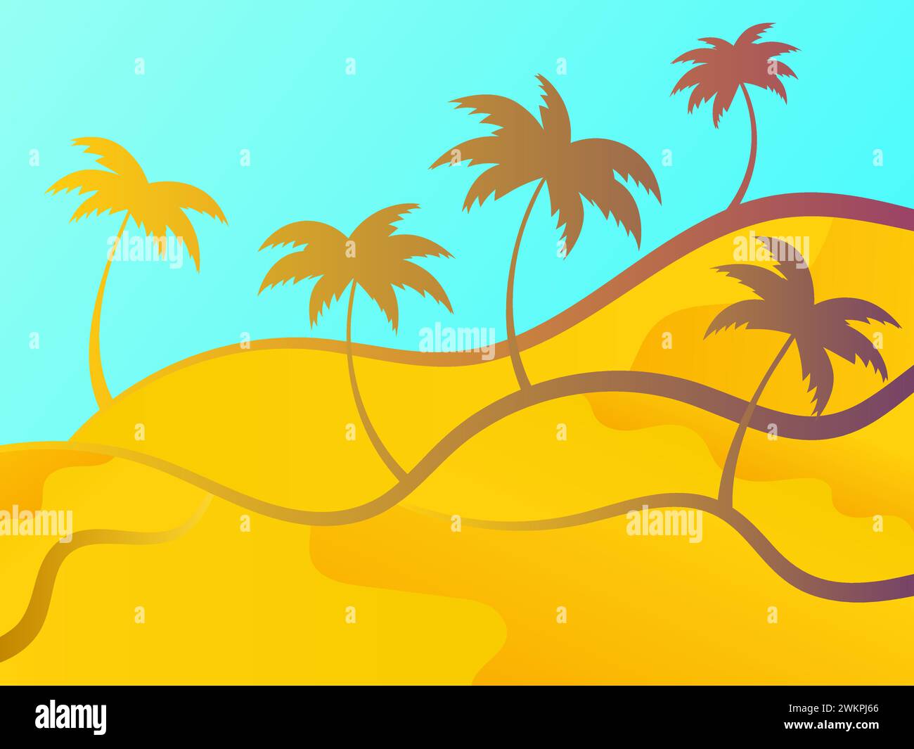 Line landscape outline with palm trees on a blue background. Summer ...