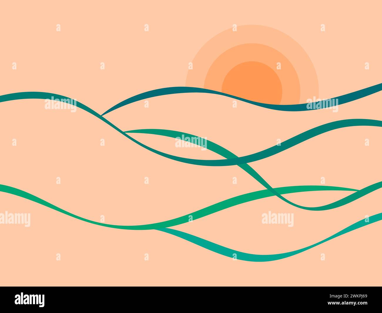 Line art landscape in a minimalist style. Wavy landscape with the sun ...