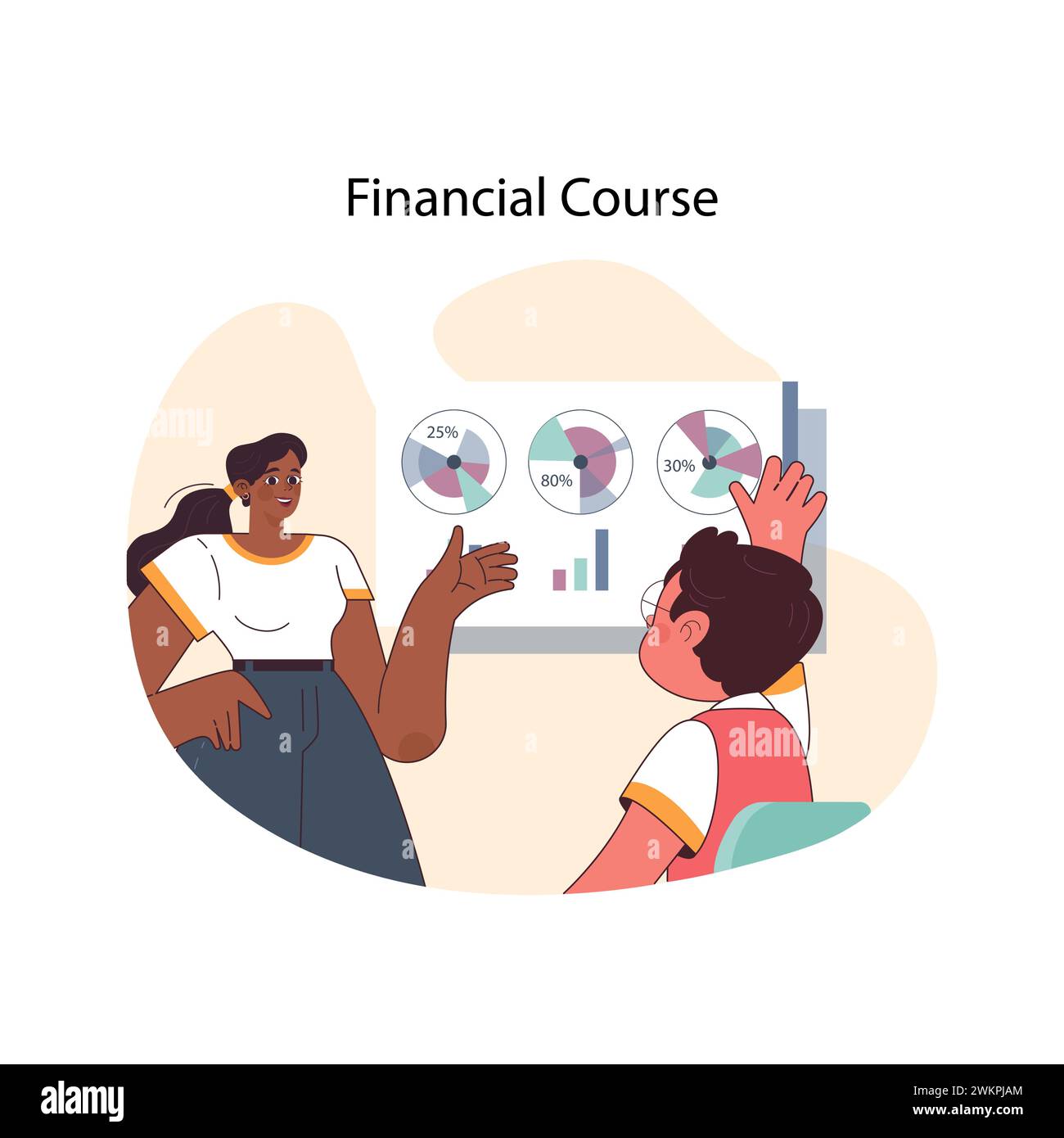 Financial Education concept. A teacher guides a young student through a ...