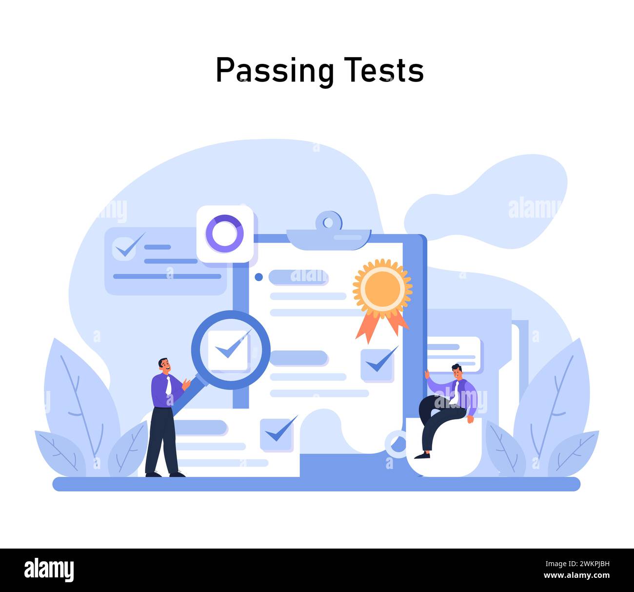 Passing Tests concept. Enthusiastic professionals highlight a completed ...