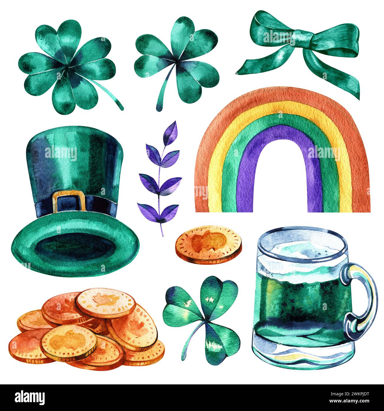 set of watercolor illustrations, attributes of good luck and wealth for ...