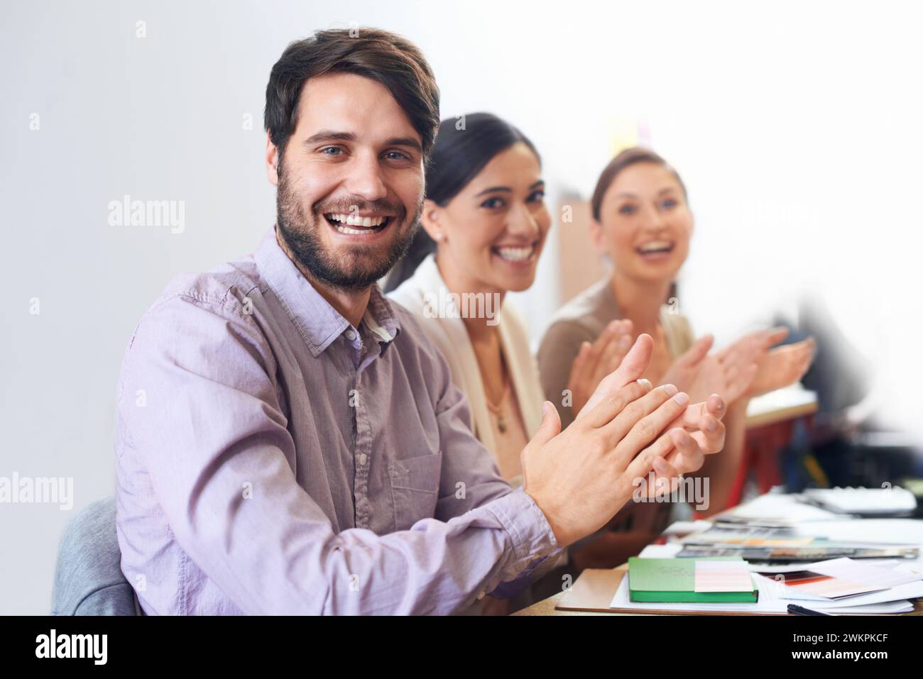 Employees, portrait and clapping with happiness for success, growth and ...