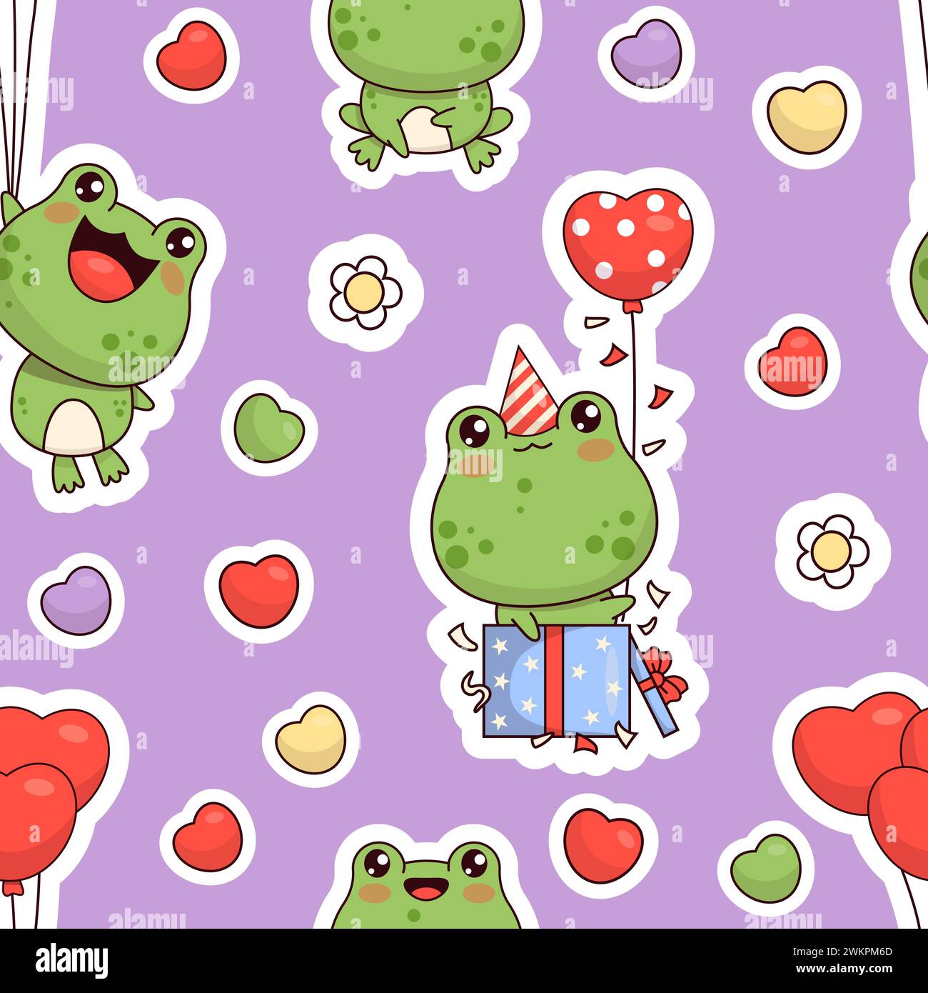 Seamless pattern with frogs with balloons and birthday boy with gift on ...