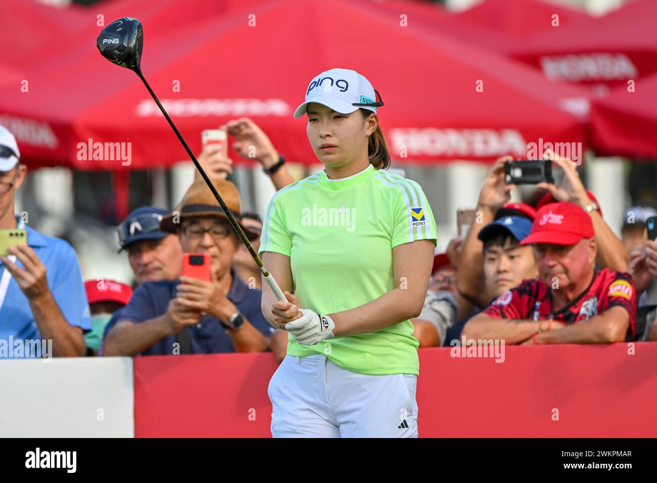 Hinako Shibuno of Japan looks at fairway on the first tee during the first round of the LPGA ...