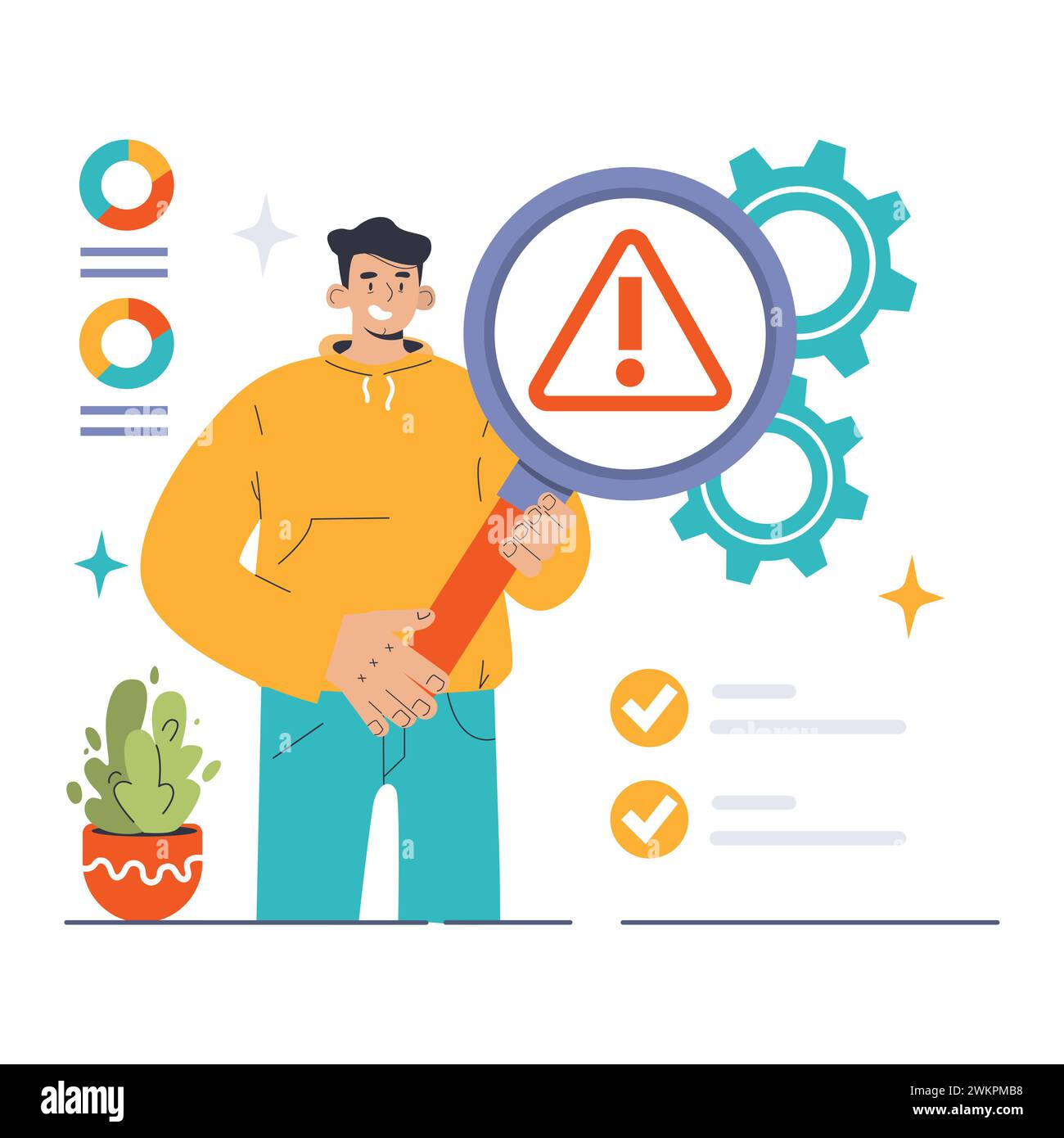 Risk Assessment concept. Confident man with magnifying glass focuses on ...
