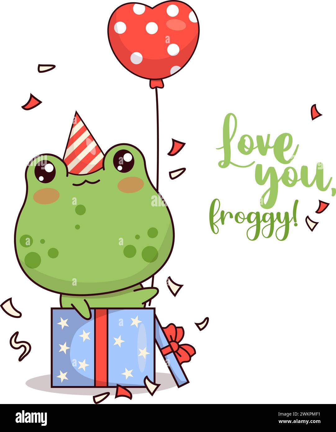 Happy little frog in birthday cap with balloon in gift box. Cute animal ...