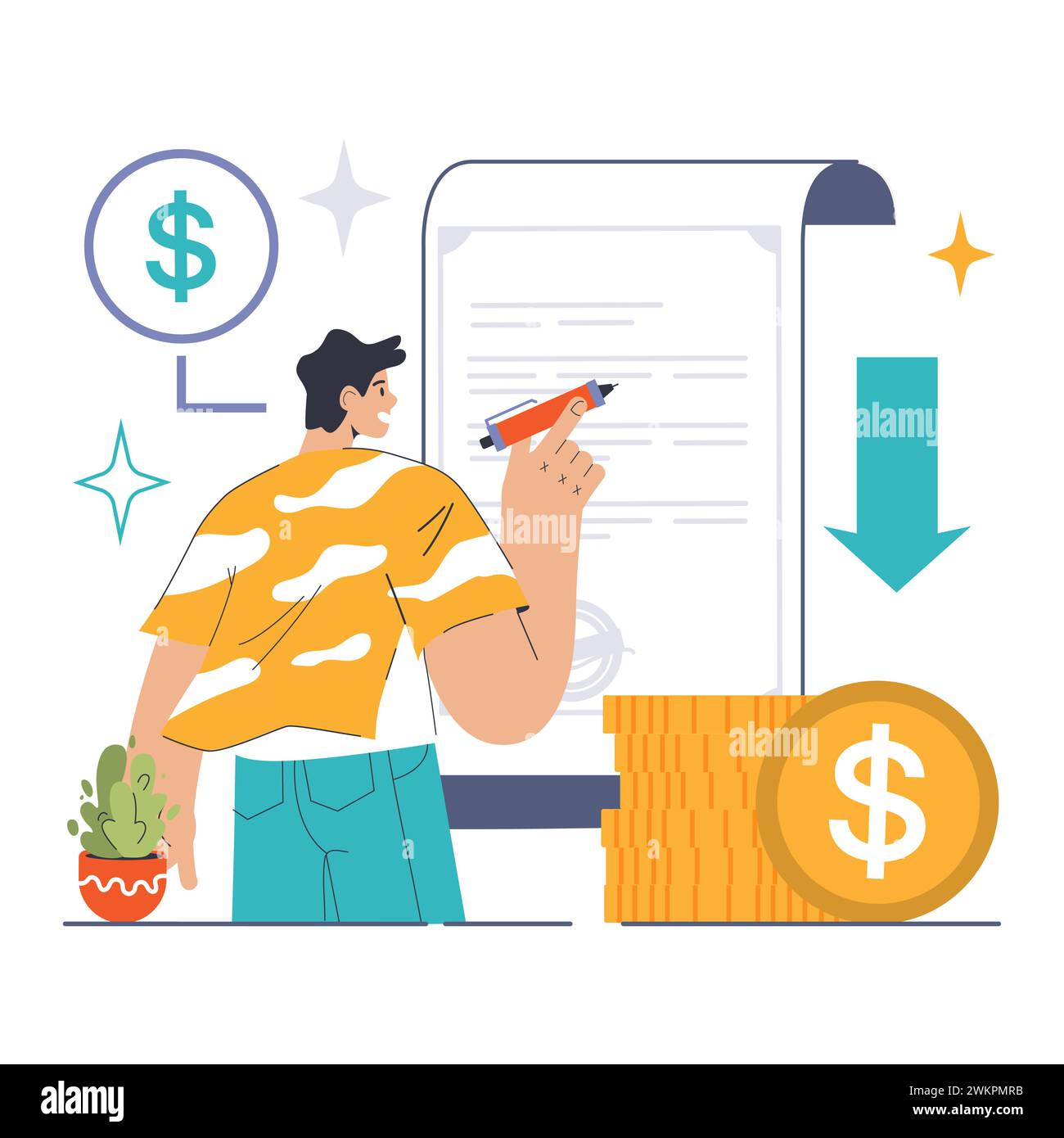 Cost Reduction concept. Businessman analyzing document, indicating ...