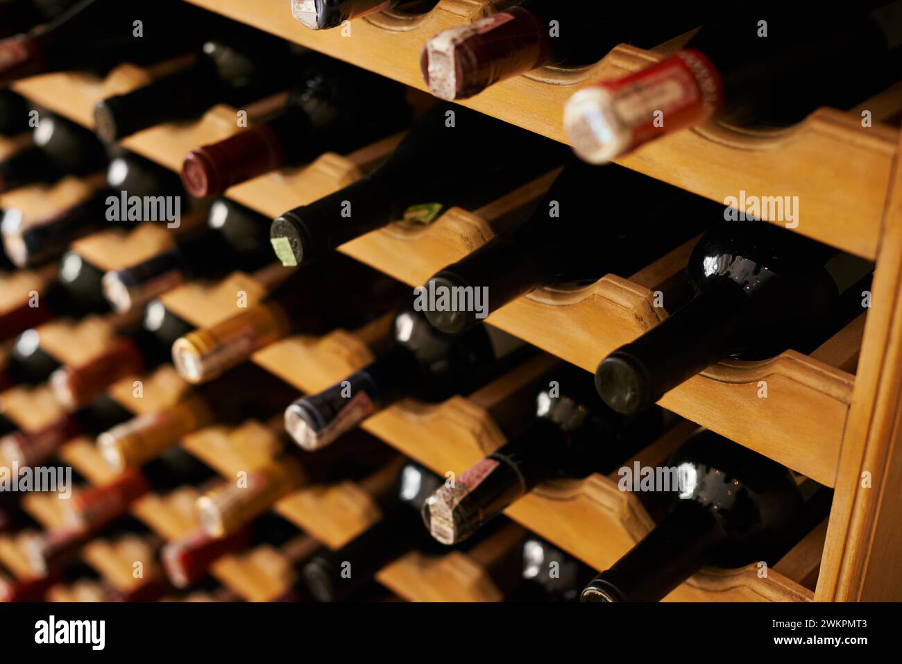 Wine cellar, bottle and storage on rack in basement for restaurant ...