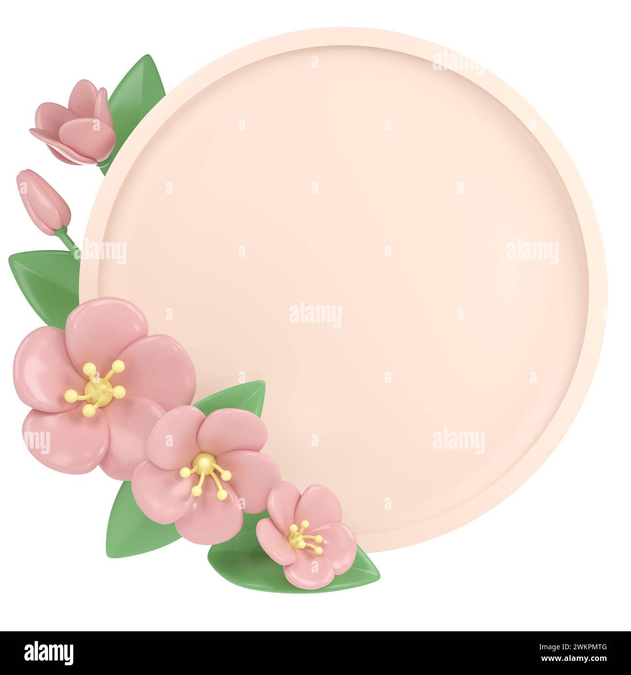 3d pastel pink corner cherry flowers with round frame, botanical spring ...