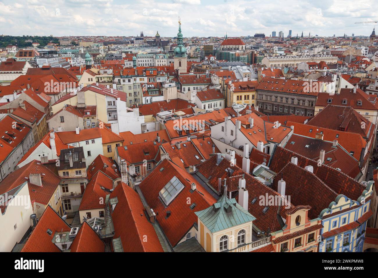 An aerial view of the rooftops of the historical buildings in Prague ...