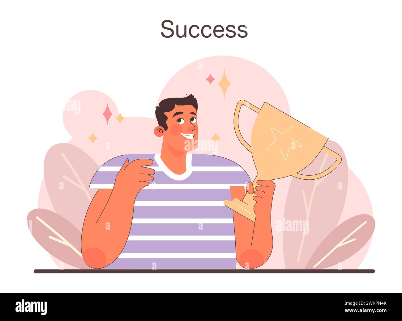 Portrait of Success illustration. An elated man holds a trophy aloft, a ...