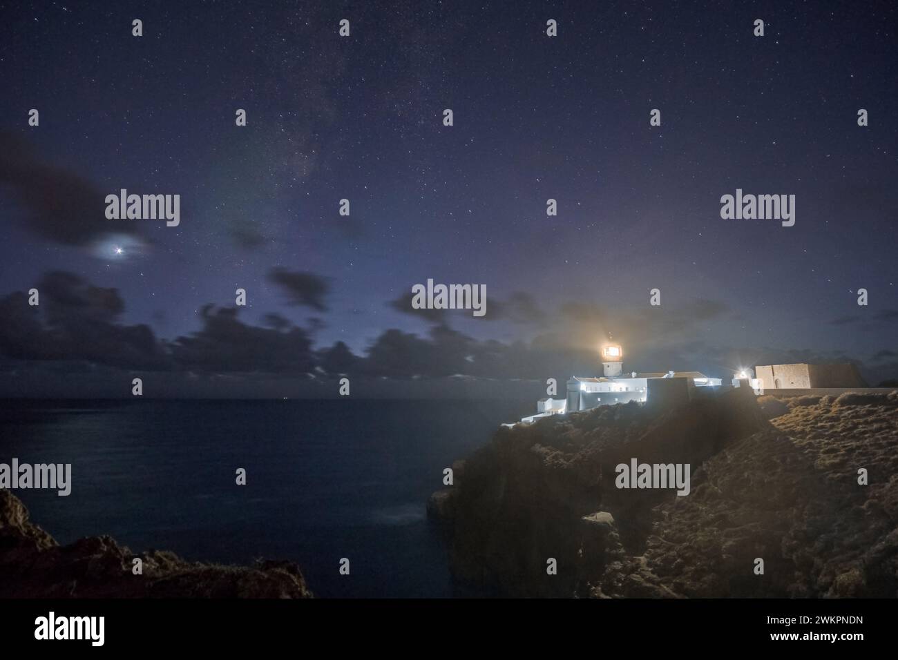 Night sky over lighthouse of Cabo de Sao Vicente with Milky Way and ...