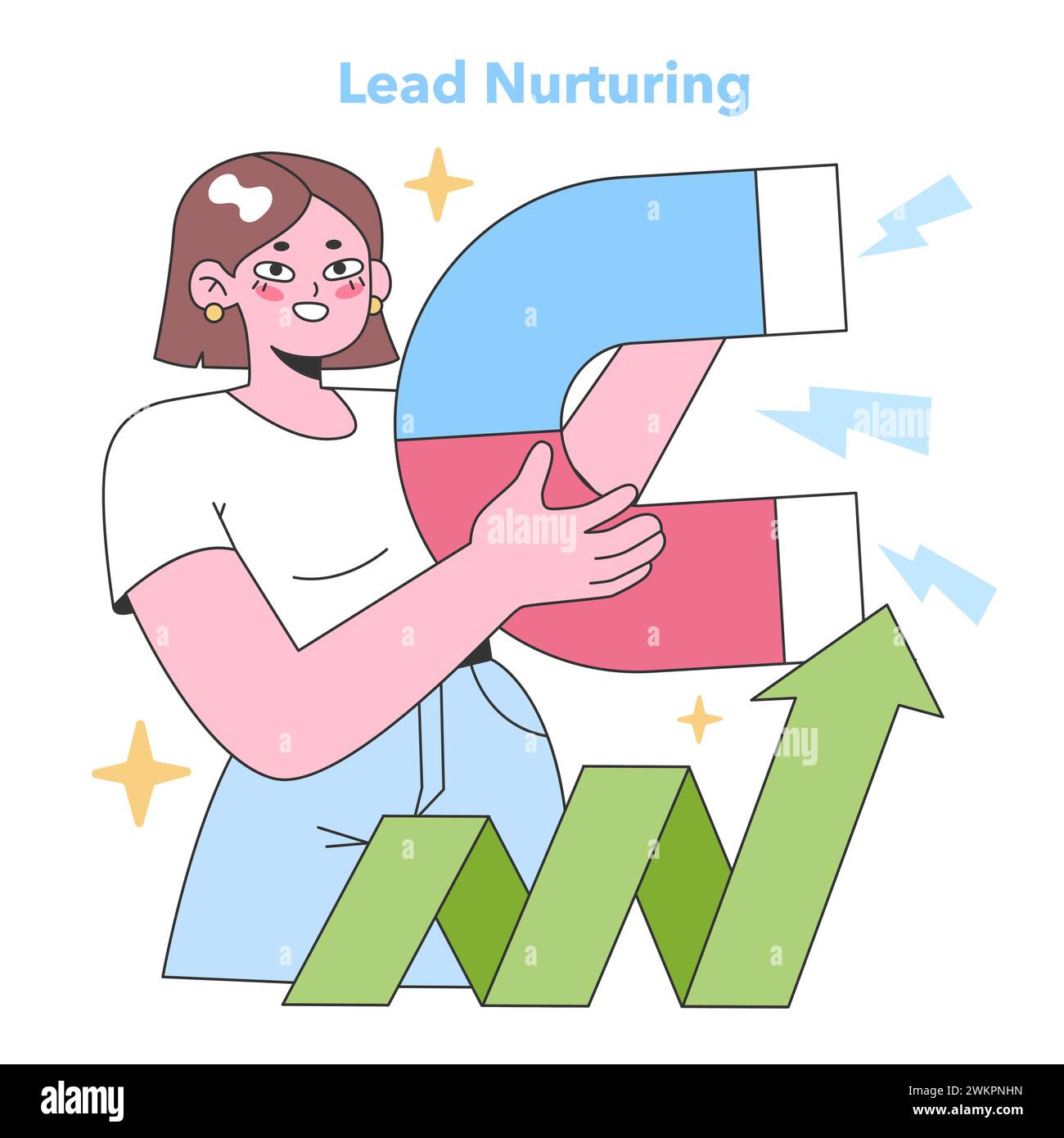 Focused woman engaging in lead nurturing, manipulating growth chart and ...