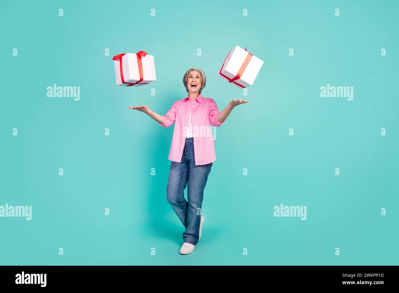 Full body length photo of extremely happy old business woman throwing ...