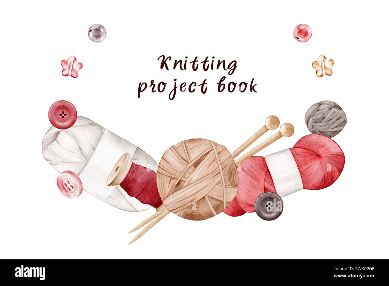 Watercolor Frame With Skeins Of Yarn A Ball Of Wool Knitting Needles