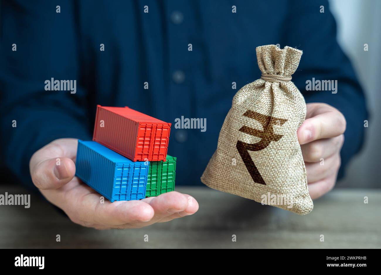 Shipping containers and indian rupee money bag. Make a trade deal ...