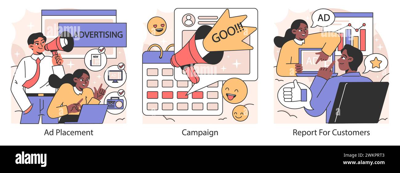 Advertising process set. Illustrating ad placement, campaign scheduling ...