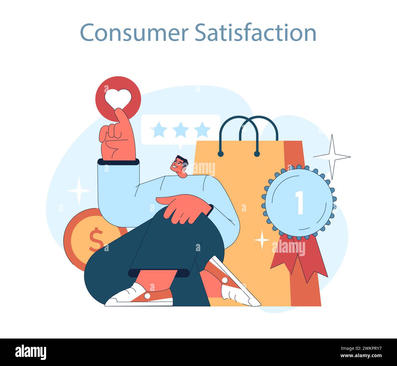 Consumer behavior. Purchase journey. A shopper expresses joy ...